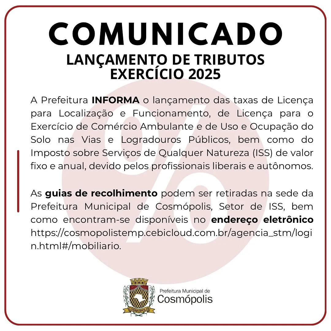 COMUNICADO – LANÇAMENTO DE TRIBUTOS EXERCÍCIO 2025 – Prefeitura ...